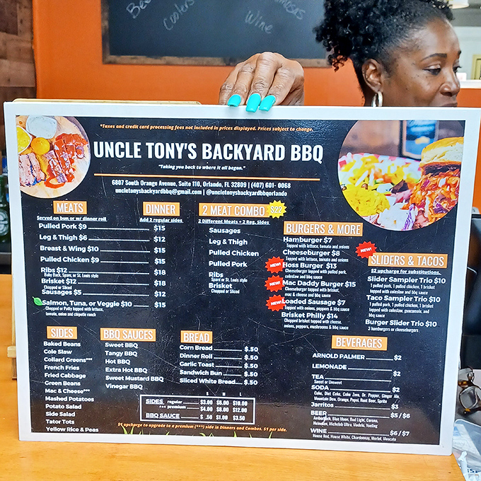 A menu that doesn't need fancy fonts or flowery descriptions—just straightforward BBQ goodness that speaks the universal language of smoke.