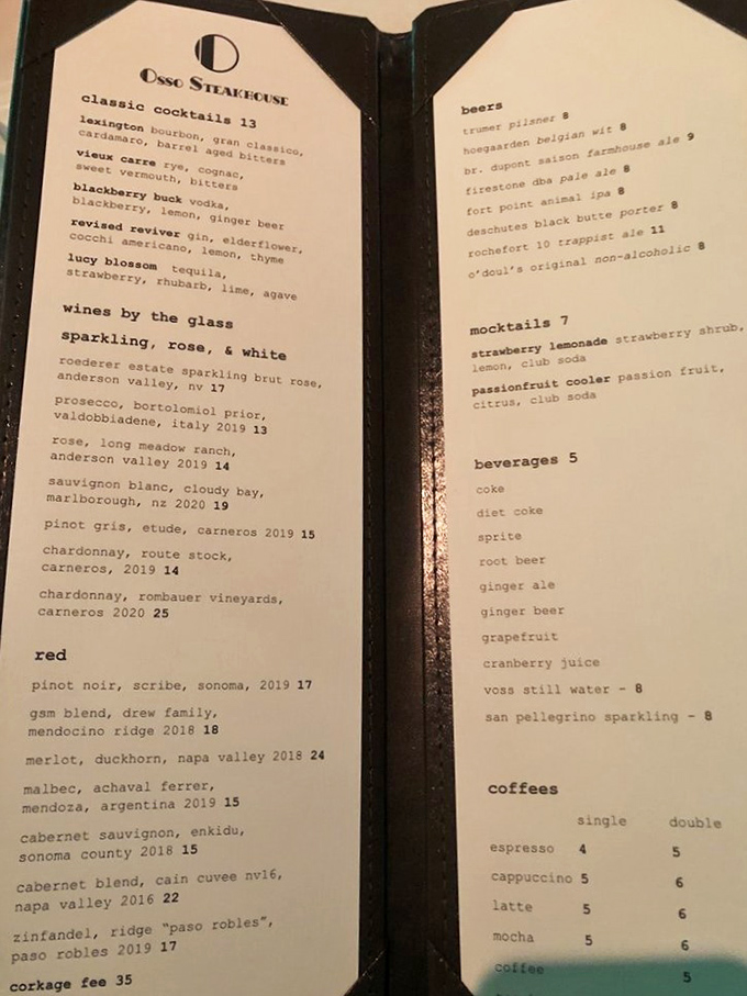Decisions, decisions! Osso's drink menu reads like a love letter to libation enthusiasts, featuring everything from classic cocktails to wines that make beef sing.
