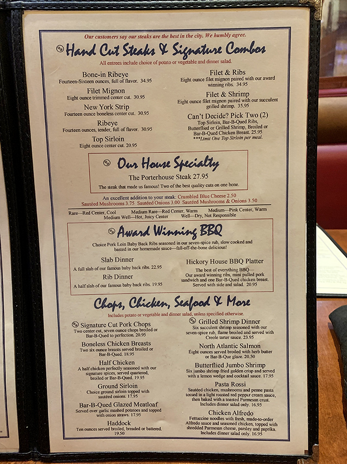 The menu tells the whole delicious story—award-winning BBQ, hand-cut steaks, and signature combos that make decisions delightfully difficult.