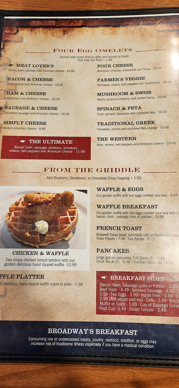 The menu reads like a love letter to breakfast classics. That chicken and waffle photo isn't just food—it's tomorrow morning's plan.
