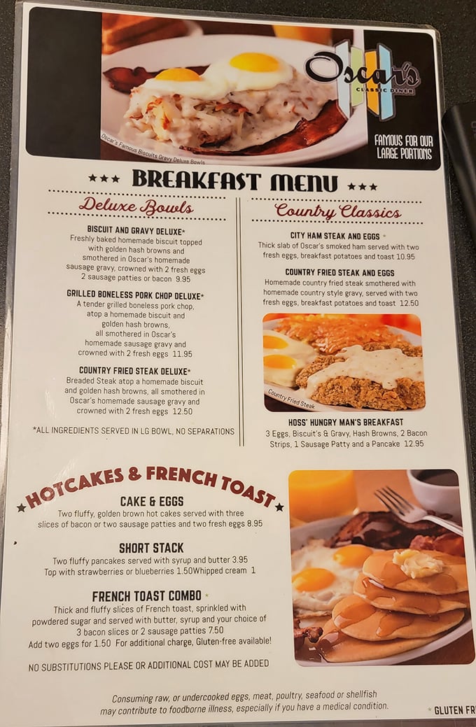 This menu isn't just a list of options – it's a roadmap to happiness. The "Hoss' Hungry Man's Breakfast" isn't a meal, it's a commitment.