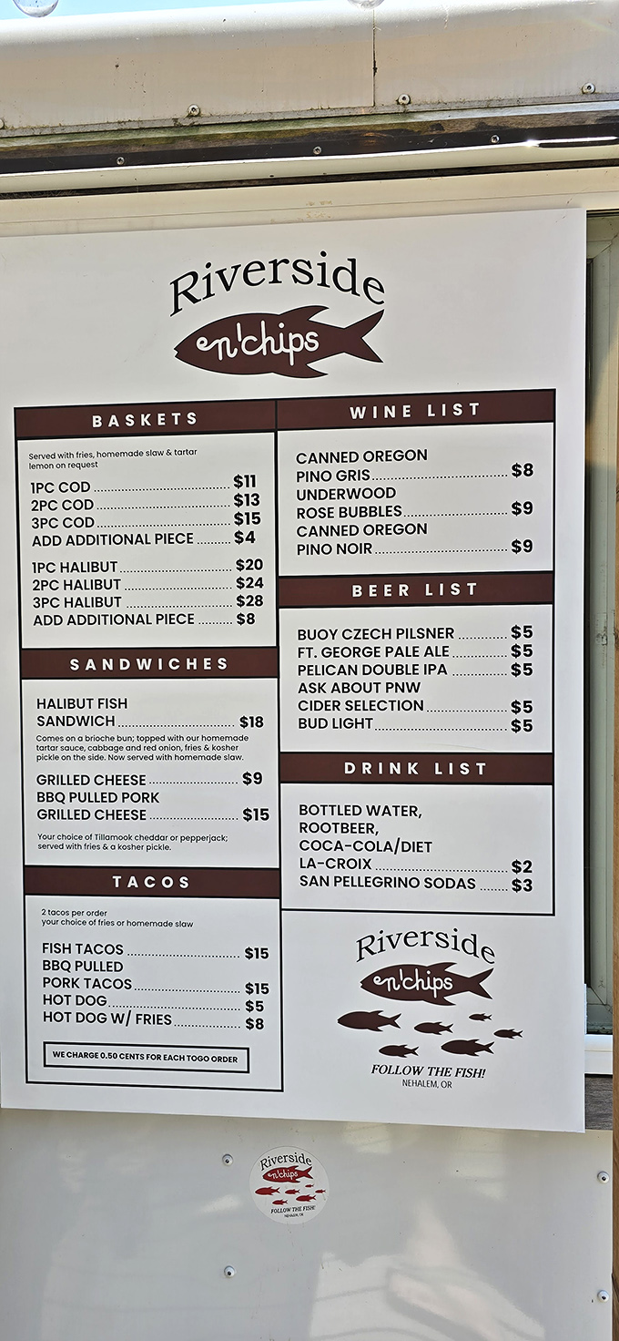 A menu that cuts right to the chase—fish, chips, and happiness, with no unnecessary frills to distract from the main event.