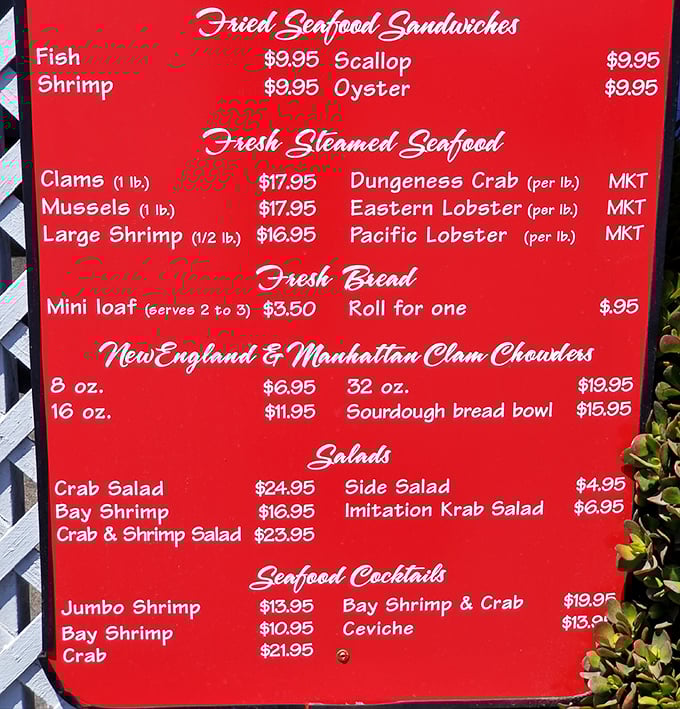 Fresh catches displayed on red boards prove that sometimes the best menus are refreshingly straightforward.
