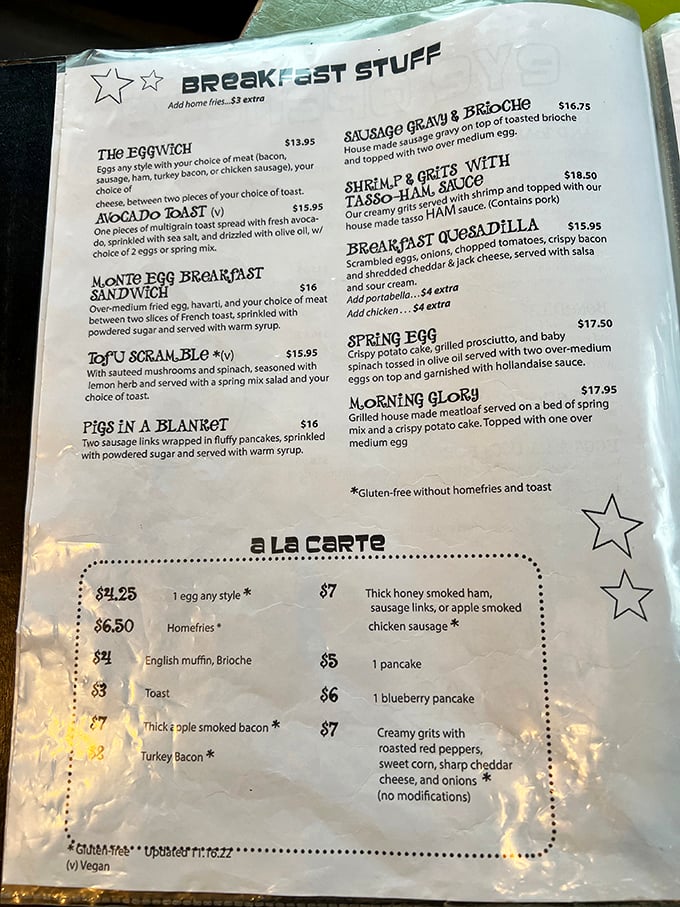 The breakfast menu reads like a love letter to morning indulgence. "Pigs in a Blanket" isn't just a dish—it's a childhood memory served hot.