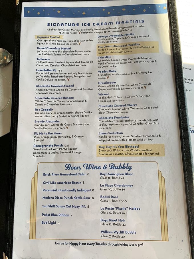 The ice cream martini menu reads like a dessert fantasy novel. "Chocolate Covered Almond" isn't just a flavor—it's a commitment to happiness.