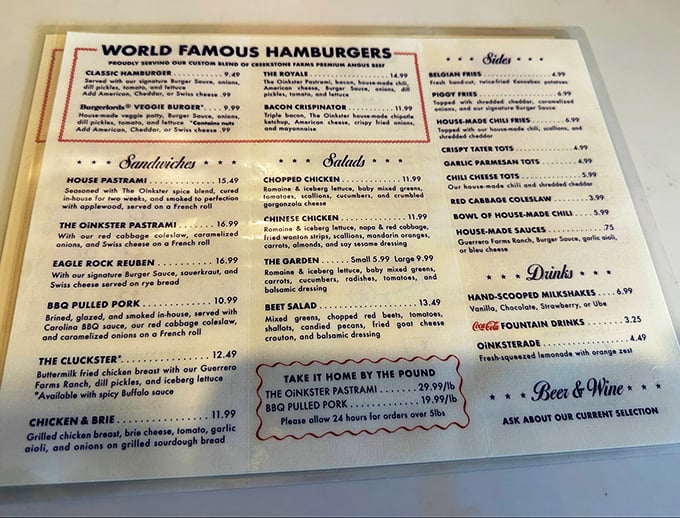 This menu isn't just a list—it's a roadmap to flavor country, where pastrami is king and Belgian fries are its worthy courtiers.