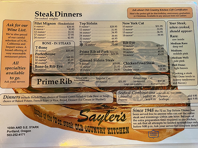 This isn't just a menu – it's a declaration of steakhouse independence. The 72-ounce challenge has been tempting brave eaters since Truman was president.
