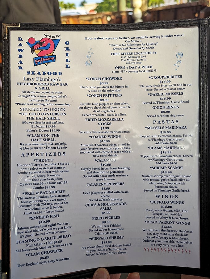 This menu isn't kidding about freshness—reading it is like getting a delicious preview of what's swimming just offshore.