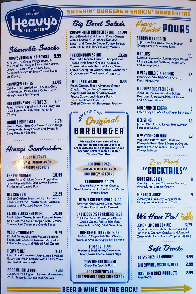 This menu isn't just a list—it's a roadmap to flavor paradise. The "Smashin' Burgers & Shakin' Margaritas" tagline should be on a t-shirt.