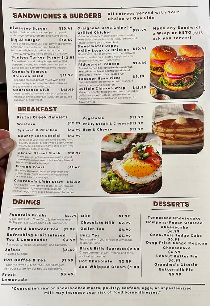 This menu reads like a geography lesson of East Tennessee, with each dish named after local landmarks. The "Courthouse Club" isn't just a sandwich—it's an institution.