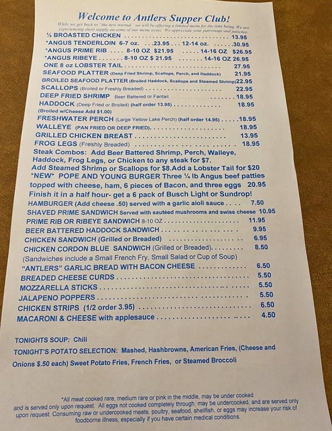 The menu reads like a Wisconsin bucket list—prime rib, walleye, and the legendary "Pope burger" topped with ham, bacon, and three eggs for the truly ambitious.