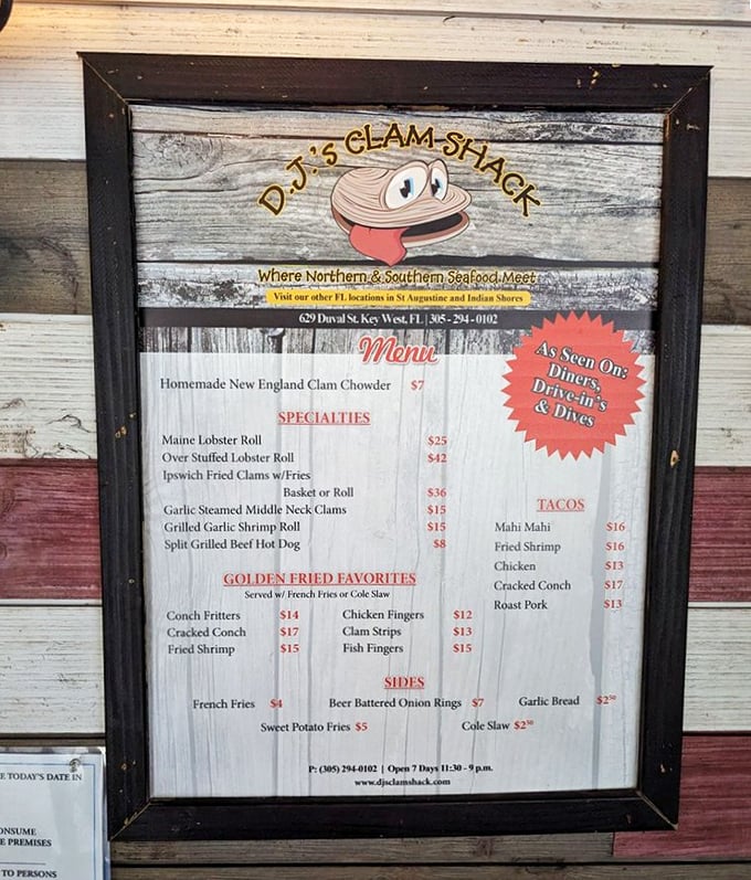 The menu board at DJ's reads like poetry to seafood lovers. "World Famous Lobster Roll" isn't just marketing—it's a promise.