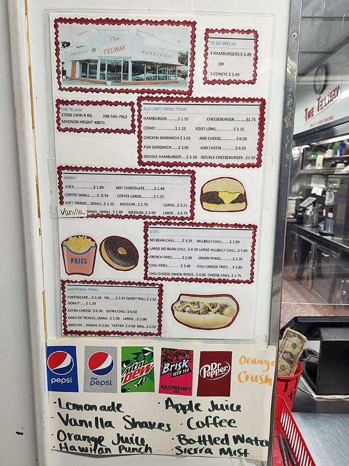 A menu that hasn't needed updating since your parents' first date. Simple, straightforward, and absolutely no avocado toast in sight.