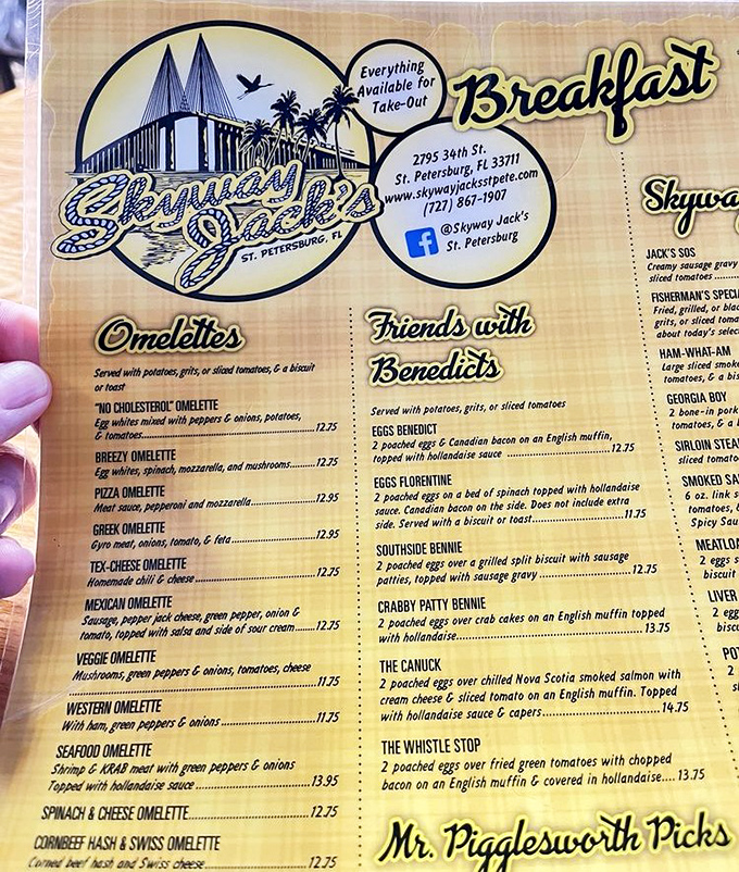This menu isn't just a list of food—it's a roadmap to happiness. The "Friends with Benedicts" section alone deserves a Pulitzer.