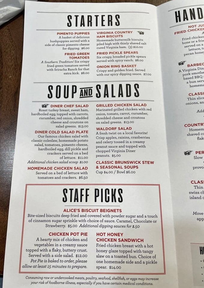This menu isn't just a list of dishes—it's a roadmap to Southern culinary bliss. The "Staff Picks" section is your treasure map.