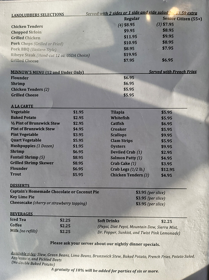 This menu isn't just a list—it's a treasure map where X marks the spot for seafood gold and "landlubber" options for those who prefer to keep their feet dry.
