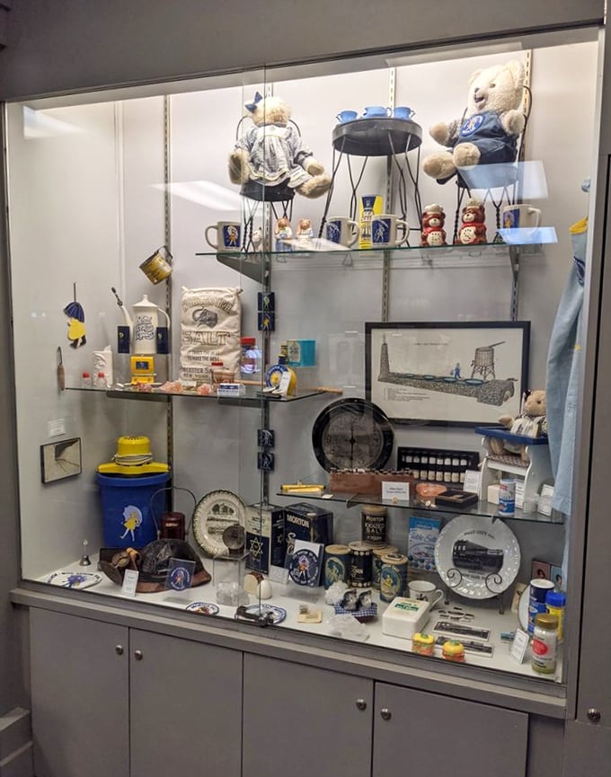 Salt of the earth meets whimsy in this charming display case featuring teddy bears, collectibles, and all things Morton Salt-related.