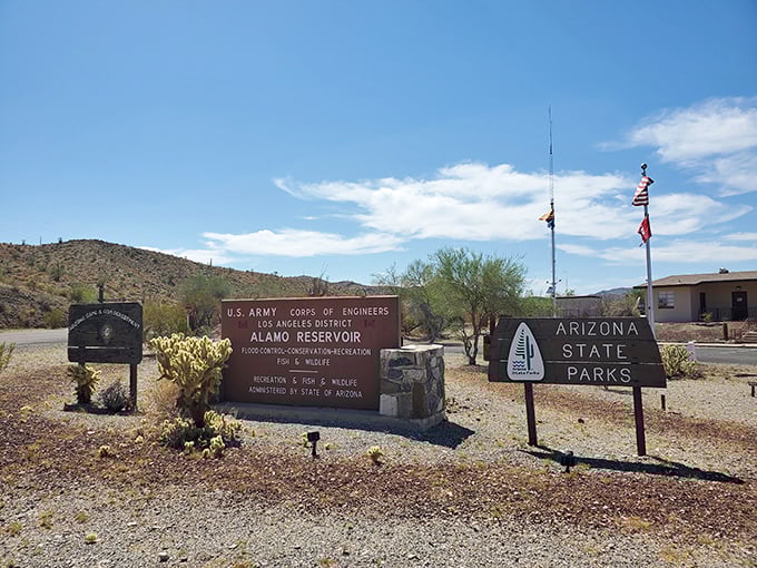 The official welcome party: three signs and endless possibilities. No neon, no billboards, just the promise of adventure.