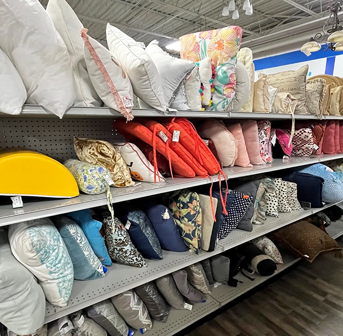 A rainbow of throw pillows awaits new homes—because nothing says "adulting" like getting excited about decorative cushions.