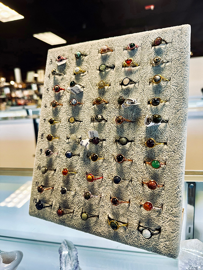 Gemstone rings displayed like a constellation of history—each one holding secrets of past lives and future possibilities.