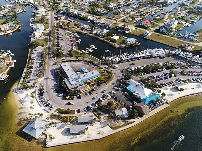 Bird's eye view of Hudson's marina district – where boats outnumber people and nobody's complaining about it. 