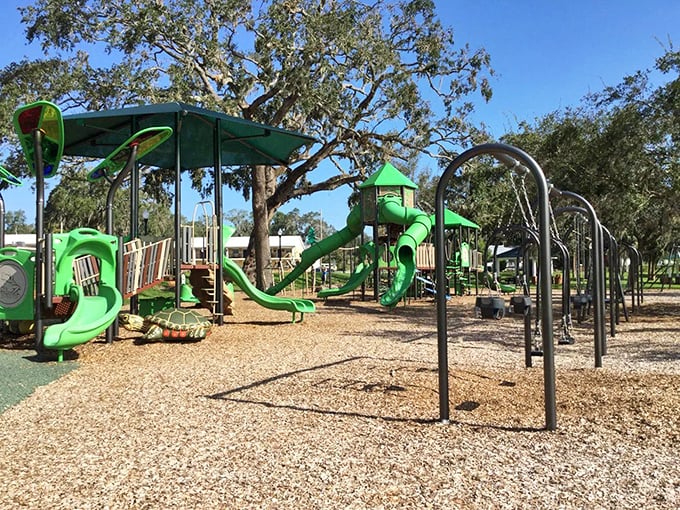 The kids' playground at Rogers Park proves retirement towns aren't just for grandparents—they're for grandkids' visits too!