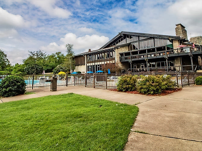 Shawnee State Park Lodge blends rustic charm with modern comfort, offering visitors a swimming pool oasis surrounded by Ohio's natural splendor.