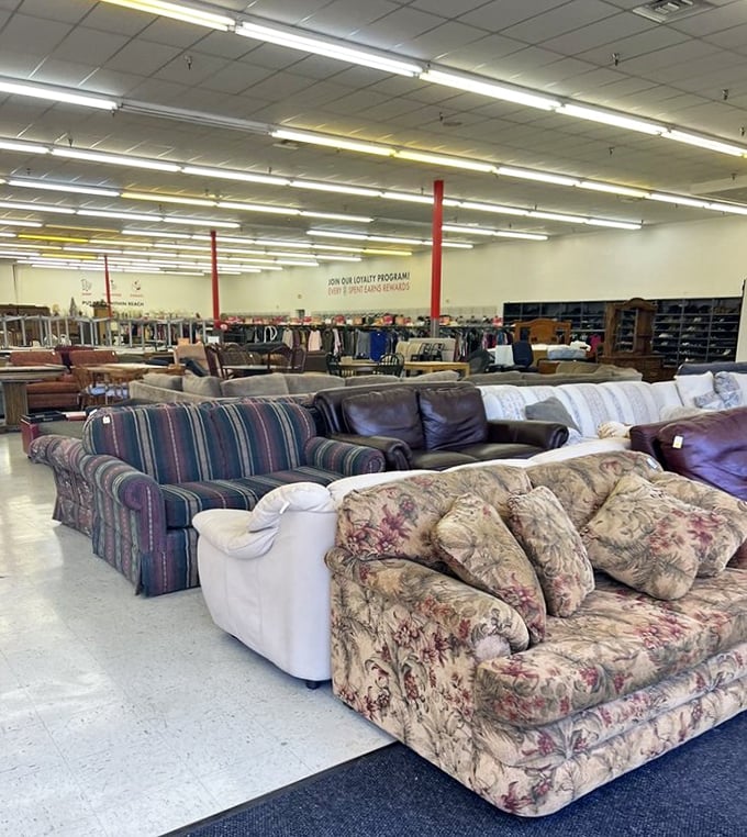 The sofa section: where floral patterns from three different decades compete for your attention and surprisingly comfortable seating awaits new homes.
