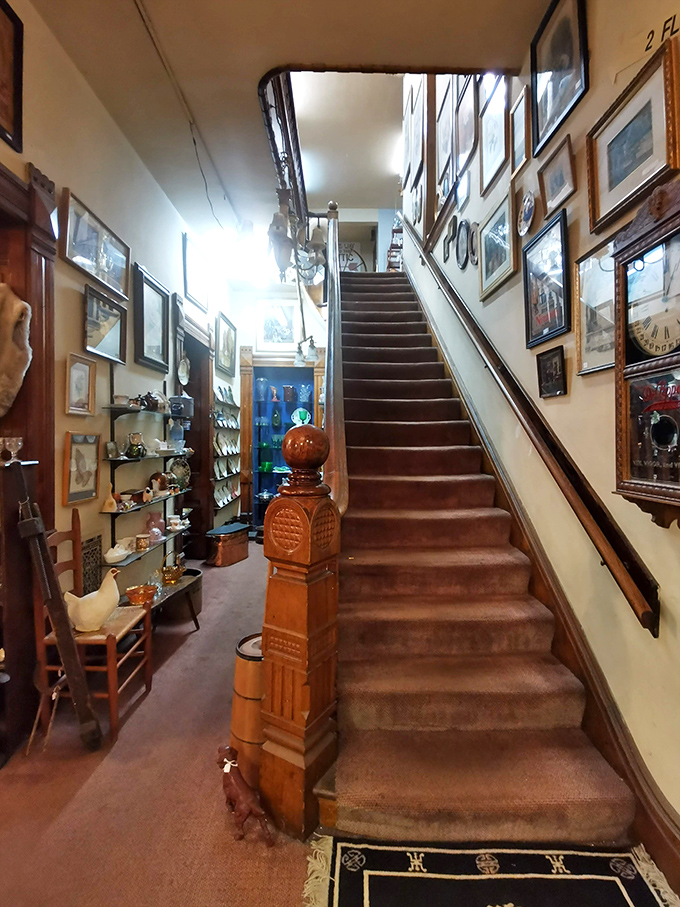 Stairways to heaven are overrated. This one leads to the second floor of antique wonders, framed by a gallery of memories.