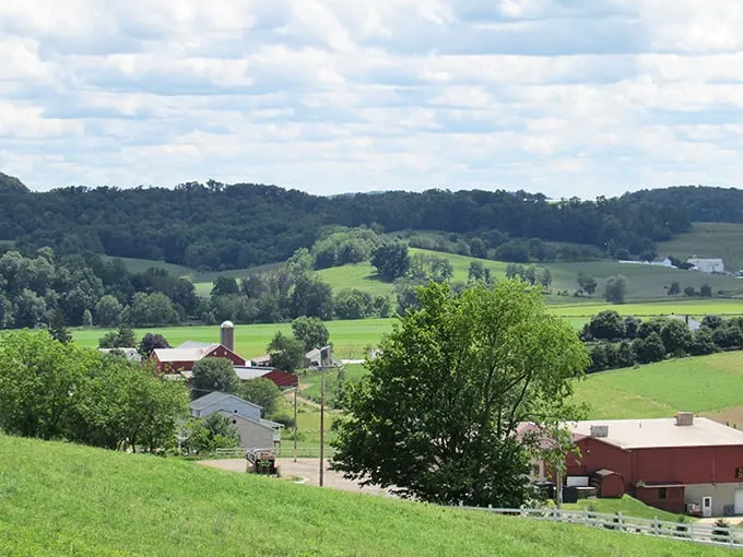 Rolling hills unfold like nature's screensaver, dotted with red barns and silos that have witnessed generations of sunrise to sunset rhythms. 