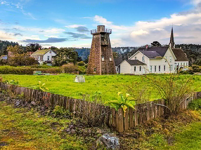 Where else can you find historic water towers dotting the landscape like exclamation points on the village's architectural story?