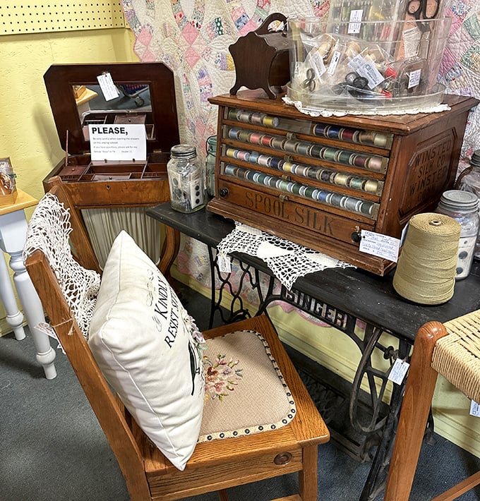 Grandma's sewing cabinet wasn't just furniture—it was a time capsule. This antique spool cabinet whispers stories of handmade dresses and mended hearts.