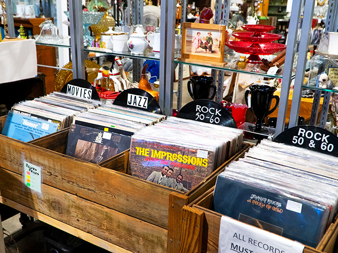 Vinyl heaven for music lovers! These wooden crates hold forgotten albums and hidden gems from the golden age of rock and jazz.