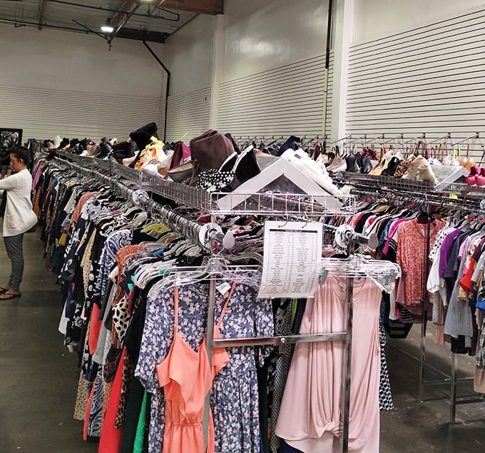 Rack after organized rack of women's clothing stretches into the distance. It's like your dream closet, only it doesn't judge you for trying everything on.