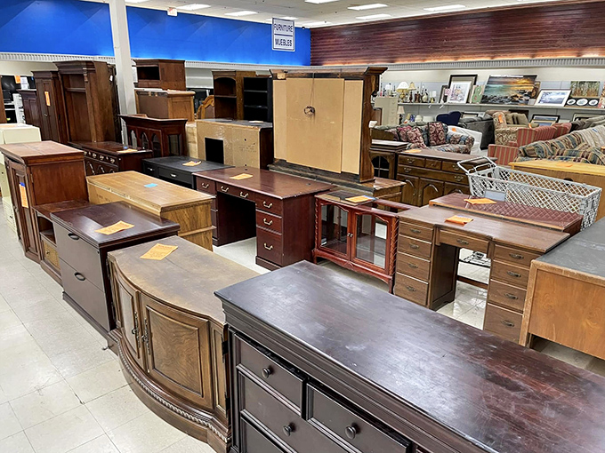 Desk paradise! These aren't flimsy particle board pretenders—they're solid wood veterans with stories to tell and drawers that still glide smoothly.