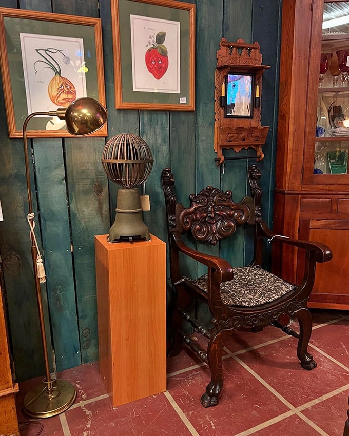 The teal-walled nook featuring an ornate chair and vintage prints feels like the world's most interesting waiting room. Your smartphone suddenly seems very… new.