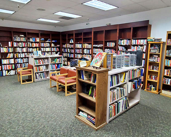 A bibliophile's dream come true—floor-to-ceiling shelves where literary treasures await discovery for less than the price of a latte.