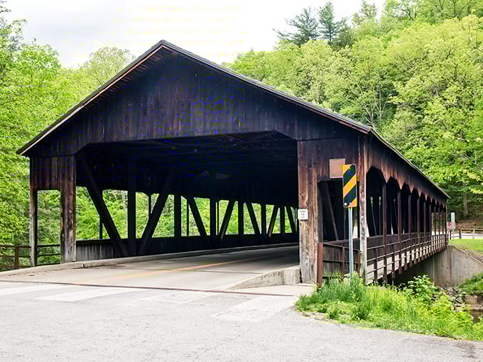 This isn't just any covered bridge – it's a time machine disguised as architecture, offering passage to simpler days amid Mohican's lush surroundings.