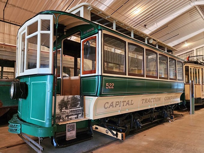 Car #522 from the Capital Traction Company gleams in its restored green and cream livery. Those windows weren't just for show—they connected passengers to their city.