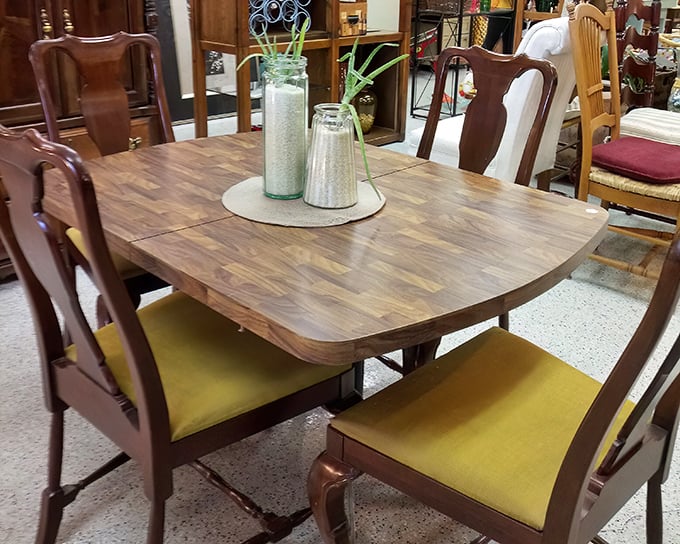 Mid-century dining perfection with mustard-yellow upholstery. Sunday dinners just found their forever home—no assembly required.