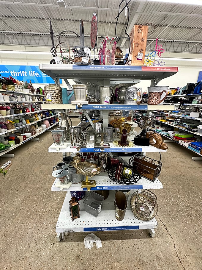 The home décor section – where someone's former mantelpiece oddity becomes your conversation-starting masterpiece.