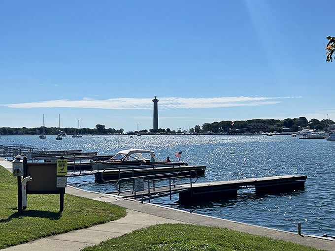Boats bobbing like bathtub toys against the sparkling water. The docks at Oak Point offer front-row seats to Lake Erie's daily light show.