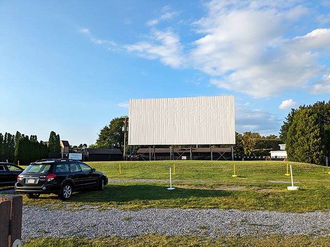 The blank canvas awaits its nightly transformation. In daylight, it's just a screen; after sunset, it becomes a portal to other worlds.
