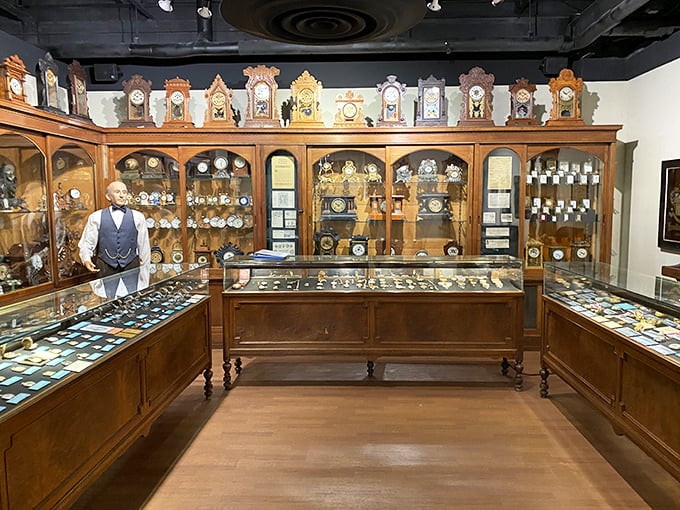 This vintage watch shop recreation isn't missing a second of authenticity—complete with period display cases and enough timepieces to make a watchmaker's heart skip a beat.
