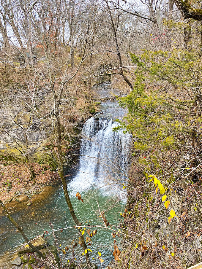 A bird's-eye perspective reveals the falls in all their glory, framed by winter-bare trees and resilient greenery—Ohio's answer to those fancy tropical waterfalls.