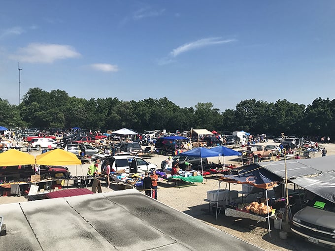 A patchwork quilt of pop-up tents and tables sprawls across the former drive-in, each colorful square holding potential discoveries waiting to be unearthed.