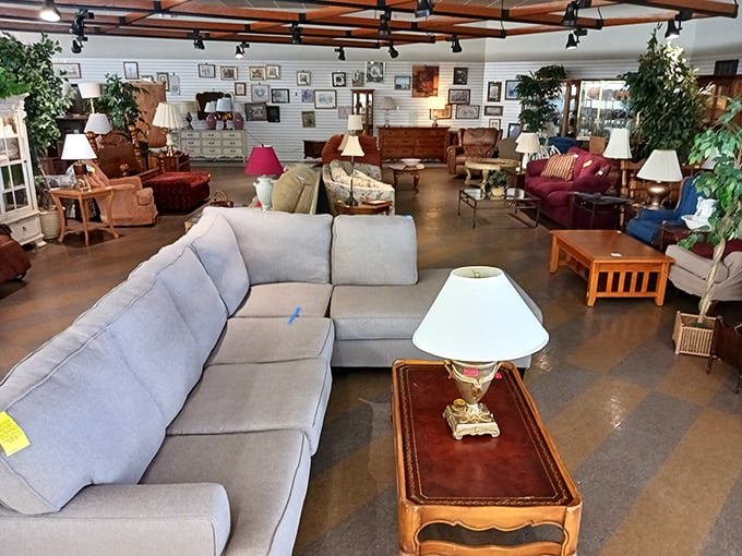 Living room vignettes invite you to imagine these sofas in your own home. That powder blue sectional is practically begging for a Netflix marathon.