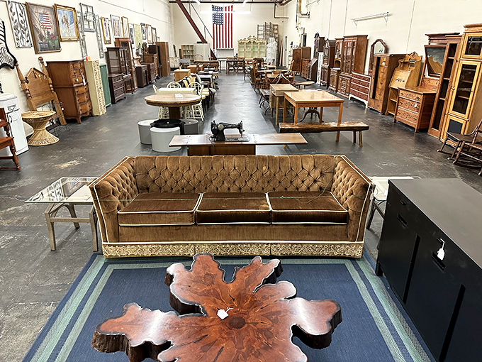 The velvet tufted sofa commands the room like a 1970s game show host – confident, slightly gaudy, and impossible to ignore.