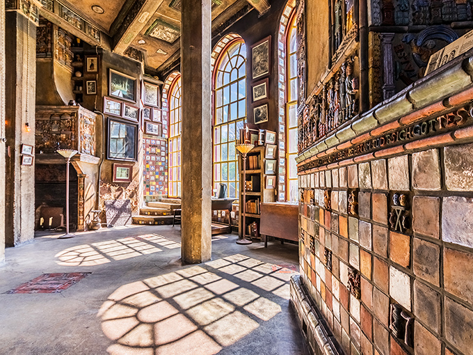 Sunlight streams through arched windows, casting geometric shadows across handcrafted tiles. It's like walking through a kaleidoscope made of concrete.