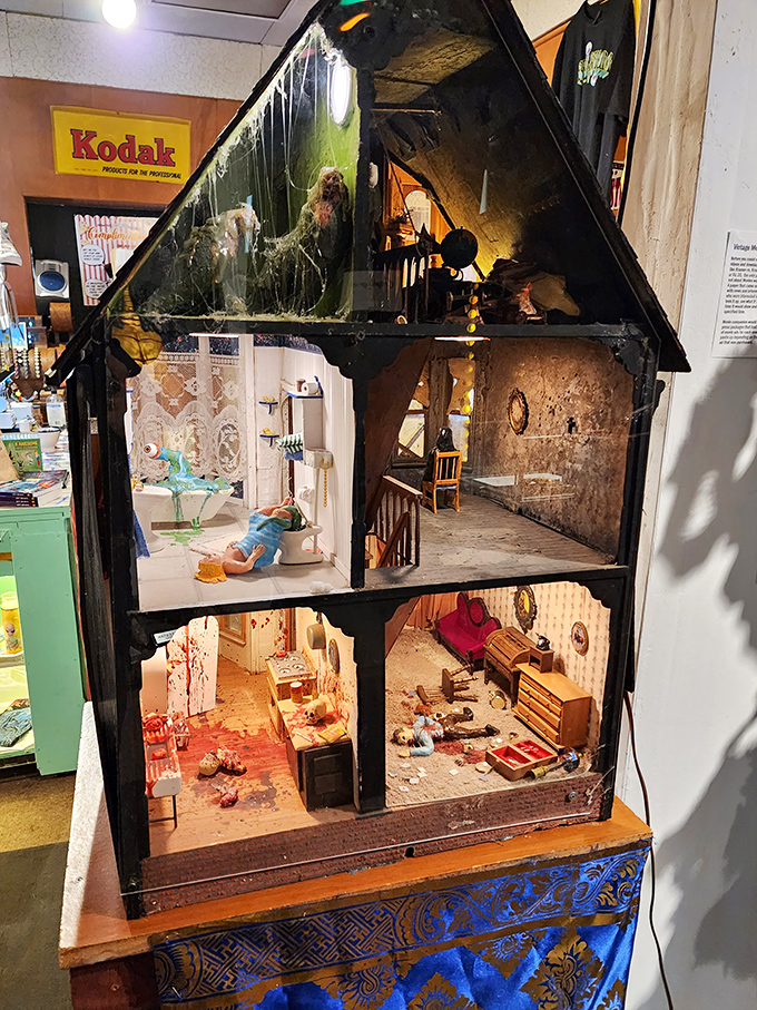 Not your grandmother's dollhouse! This miniature mansion of mayhem showcases tiny rooms with tiny terrible things.